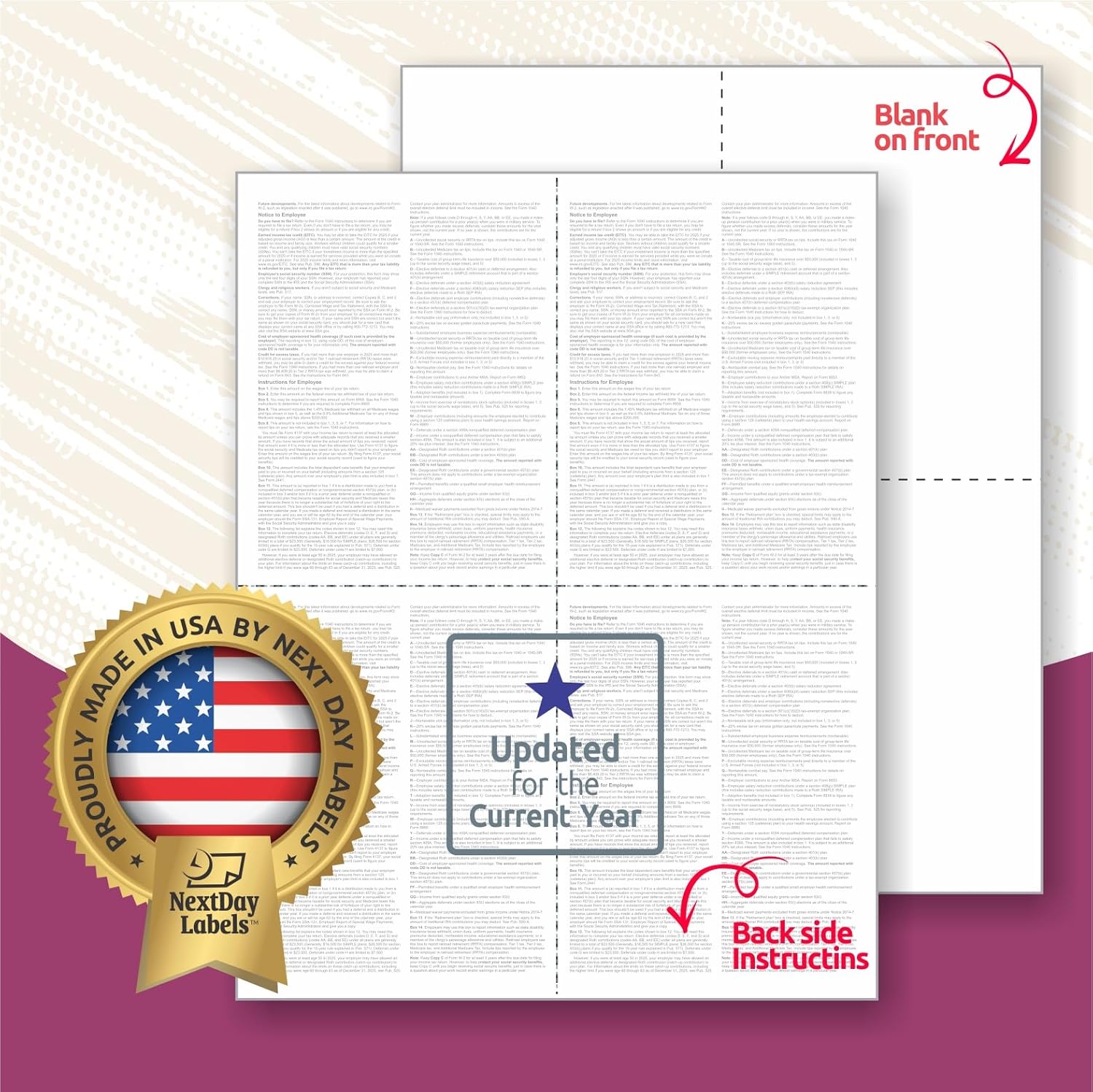 W-2 Forms 4-Up Version "Instructions on Back" for 2025 - Apple Forms