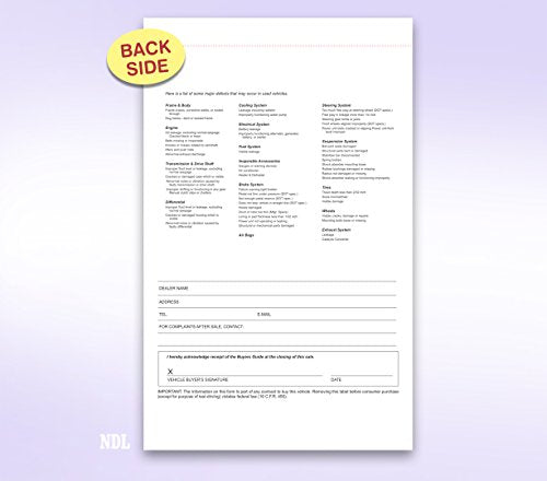 2 Part Dealer Buyers Guide Form, English Format - As is - No Dealer Wa ...