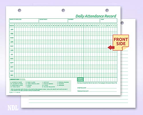 Employee Daily Attendance History Records, Letter Size Cards (25 Forms ...