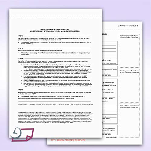 Pack of 100 Sets 3 Part Department of Transportation (DOT) Alcohol Tes ...